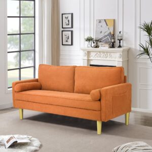 aoowow orange loveseat sofa couch, 2 seater sofa futon lounge sofa for bedroom, mid century modern decor office love seat couches with side pockets and round pillows, small couches for living room