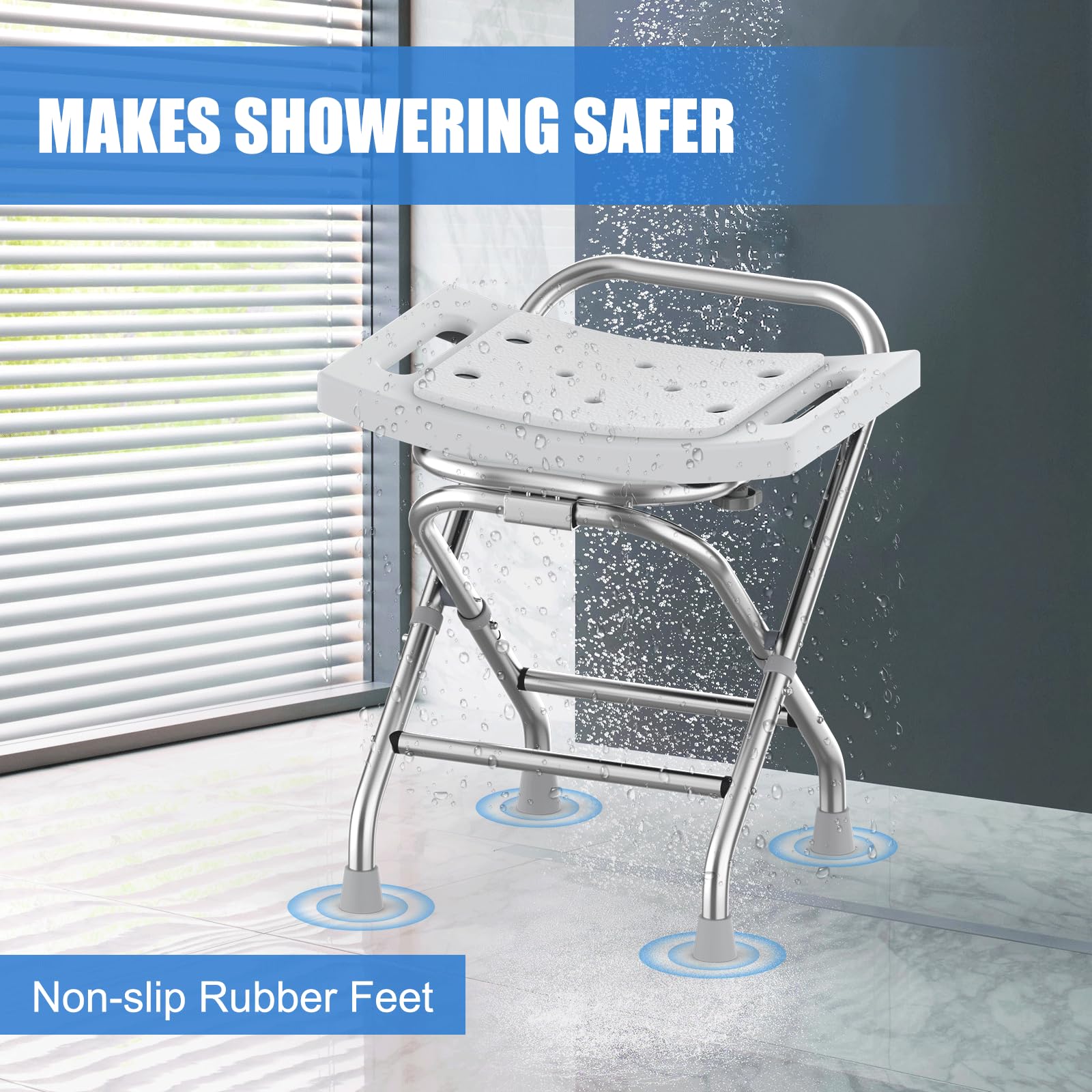 UGarden Height Adjustable Folding Shower Chair Seat, Stainless Steel Shower Chair for Inside Shower w/Crossbar, 400LB Portable Travel Shower Stool, Safety Anti-slip Bath Chair for Seniors, Adults,Gray