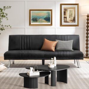 VECELO Modern Couch Bed, Convertible Sofa Bed/Folding Sleeper Couches Faux Leather Futon for Living Room, Futon Sofa Bed, Black