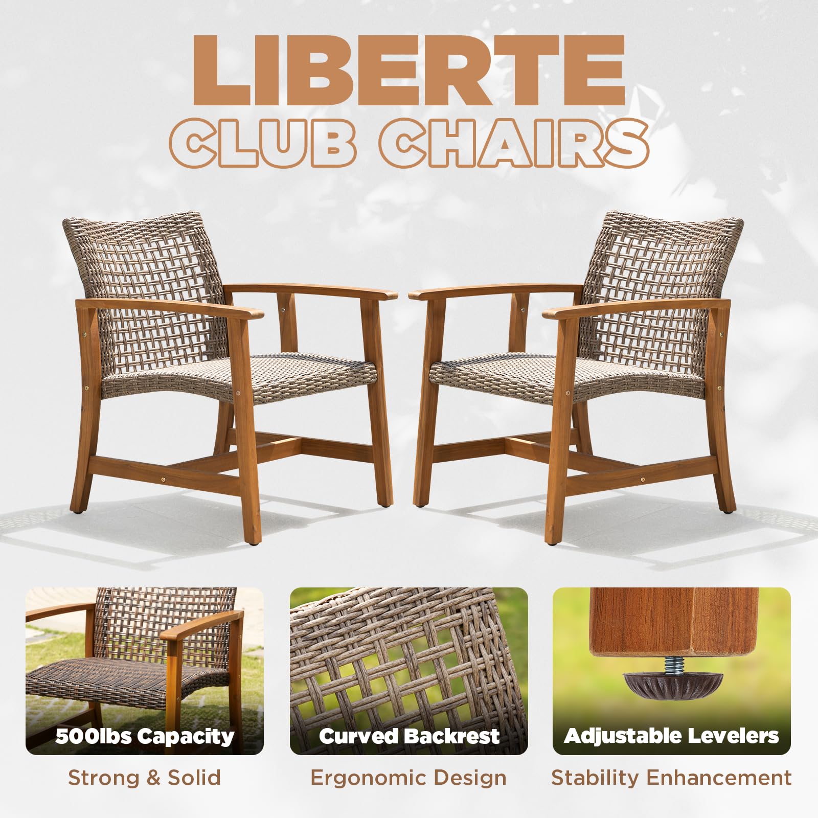 IDZO Liberte 500lbs Capacity Acacia Outdoor Club Chairs Set of 2, FSC Teak Finish Wood Patio Furniture Sets with Upgraded 2000Hours UV Resistant Wicker