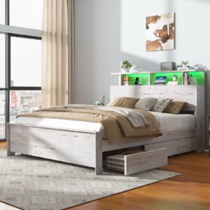 LUXOAK Queen Bed Frame with 49" Tall Bookcase Headboard, Metal Platform Bed with 4 Storage Drawers, LED Lights & Charging Station, No Box Spring Needed, Easy Assembly, Rustic White