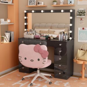 Vanity Desk with Power Outlet, Makeup Vanity with Mirror and 14 LED Lights, 3 Lighting Mode,11 Drawers Vanity Table with 2 Sliding Jewelry Storage, Glass Top, Specular Surface (Black)