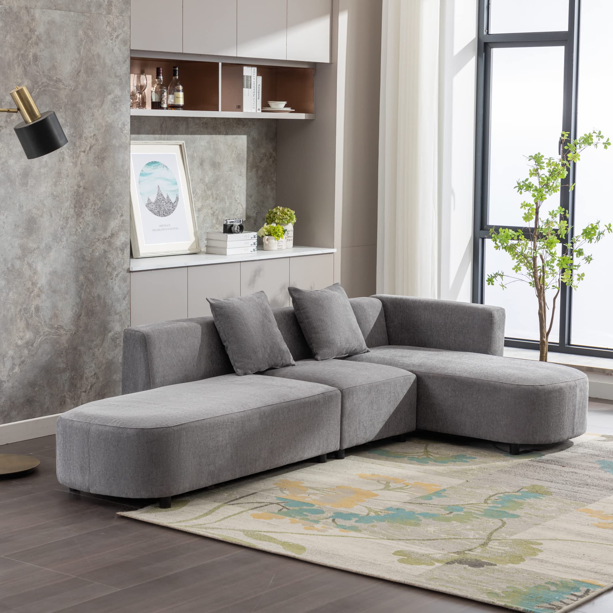 LUSPAZ Luxury L-Shape Upholstery Sectional Sofa Set, Modern Minimalist Style Comfy Curved Couch with Chaise and 2 Pillows,Grey