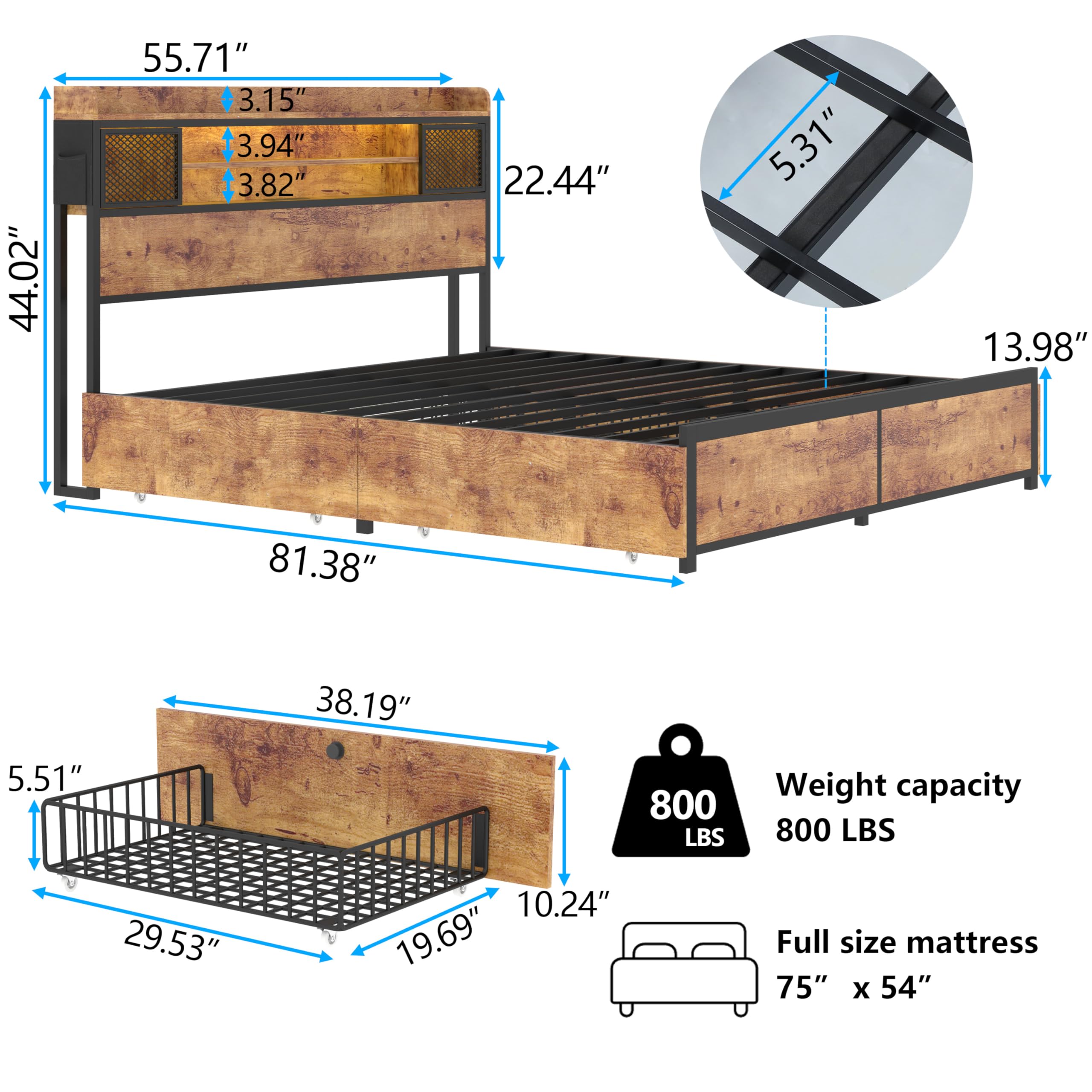 Gyfimoie Full Size Bed Frame with 4 Drawers & Headboard, Metal Frame with Power Outlet and LED Light, Easy Assembly, No Box Spring Needed, Ideal for 75" Mattress