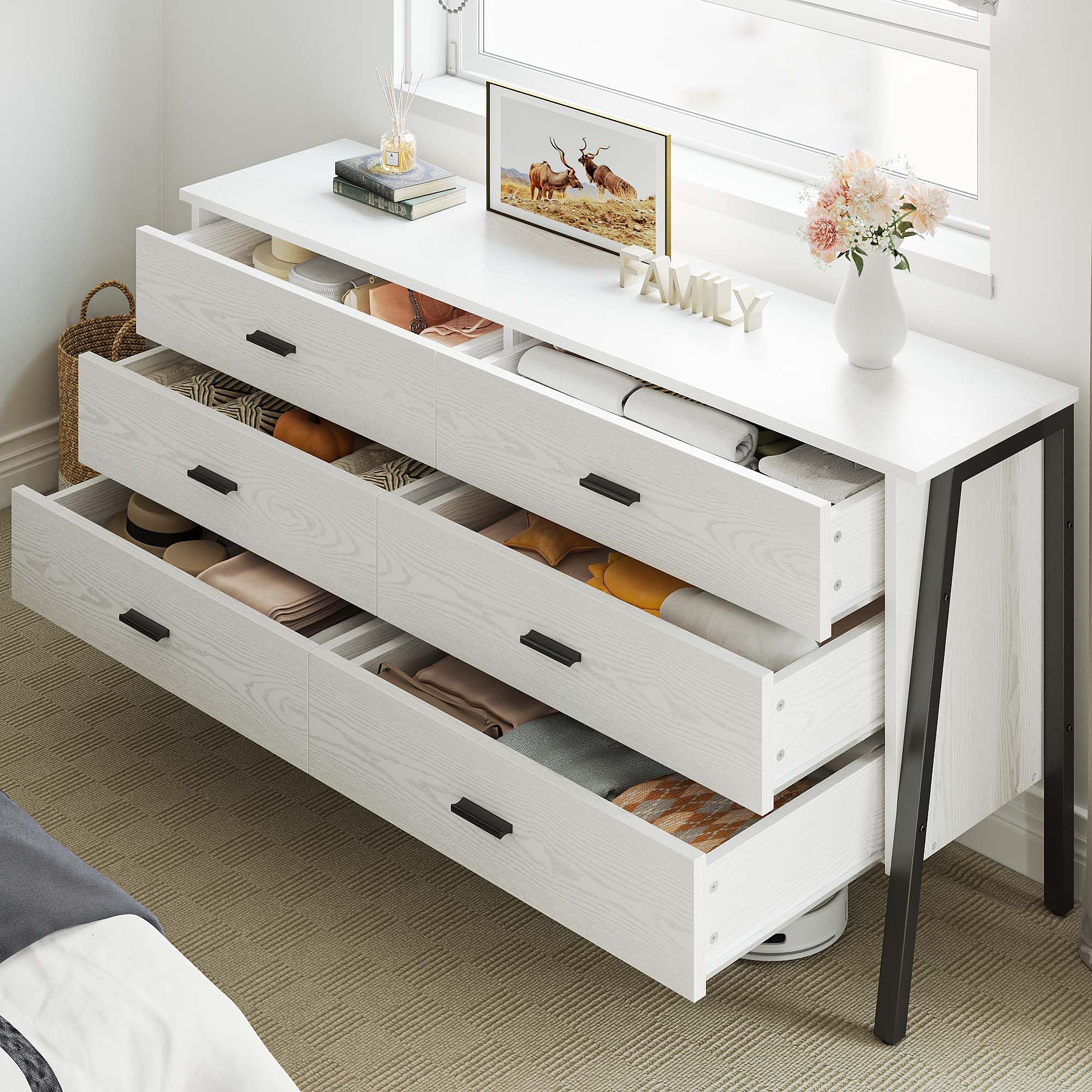 LIKIMIO 59" 6 Drawer Dresser for Bedroom, Wood Dressers & Chests of Drawers with Metal Frame, Large Storage Cabinet, Closet, Hallway, White Dresser