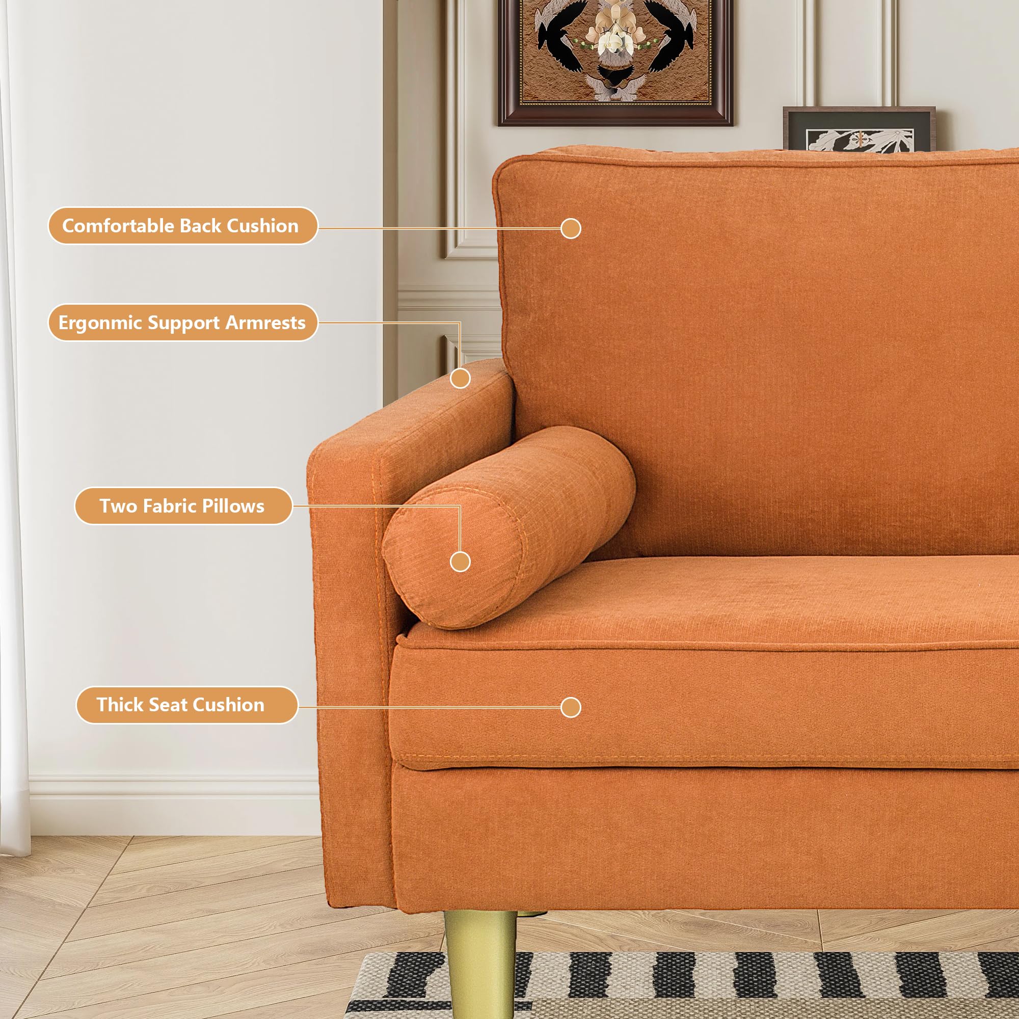 Aoowow Orange Loveseat Sofa Couch, 2 Seater Sofa Futon Lounge Sofa for Bedroom, Mid Century Modern Decor Office Love Seat Couches with Side Pockets and Round Pillows, Small Couches for Living Room