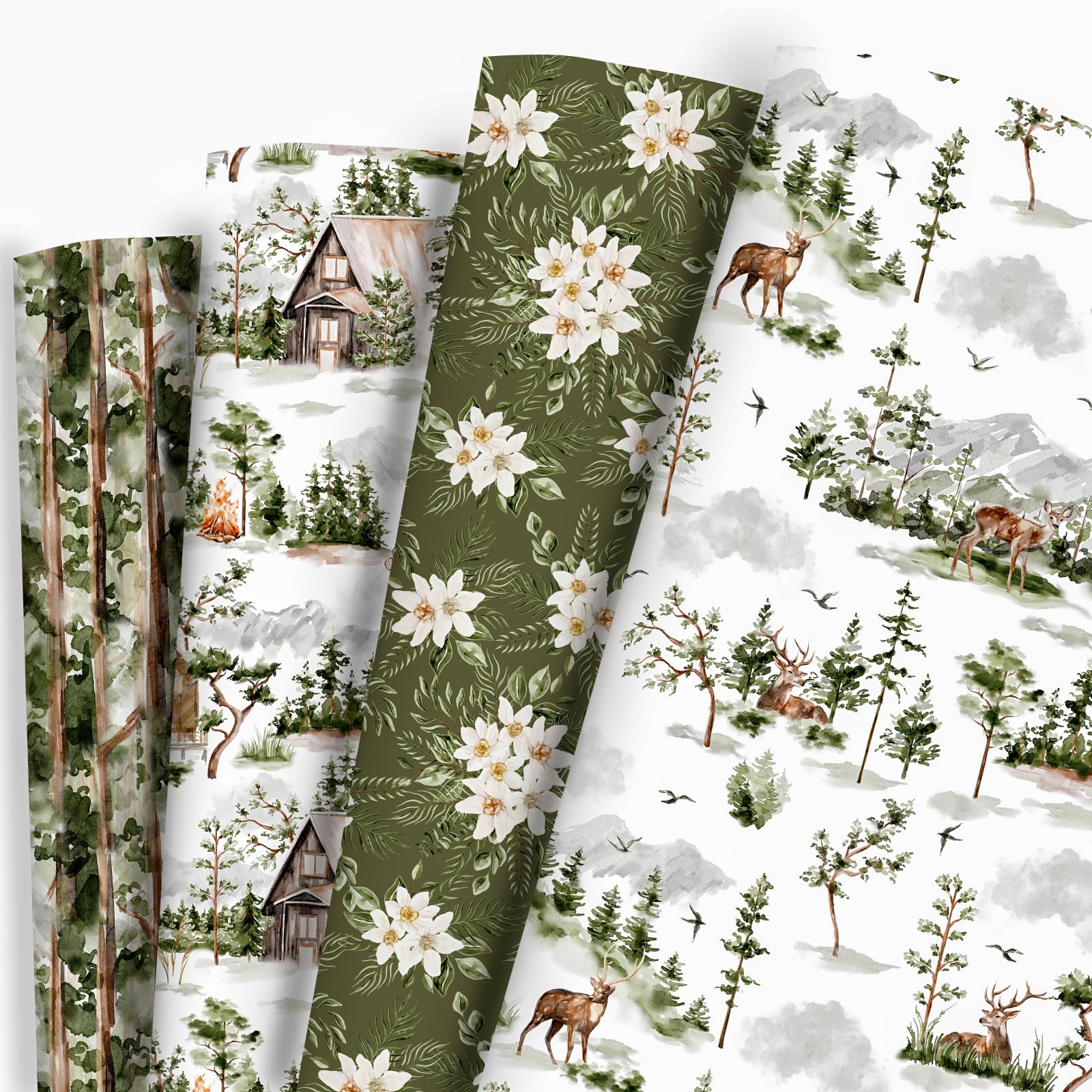 Vnaaem Forest Wrapping Paper 4 Watercolor Holiday Style Gift Wrap Paper Bulk Christmas Tree for Christmas Winter Wedding Baby Shower - 20 X 28 Inches 8 Folded Sheet