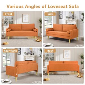 Aoowow Orange Loveseat Sofa Couch, 2 Seater Sofa Futon Lounge Sofa for Bedroom, Mid Century Modern Decor Office Love Seat Couches with Side Pockets and Round Pillows, Small Couches for Living Room