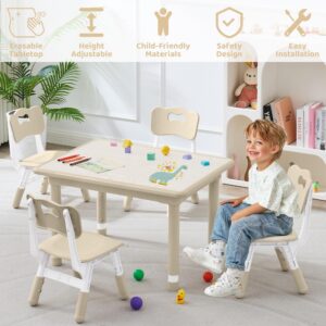 DOREROOM Kids Table and 4 Chairs Set, Height Adjustable (17.7"-26.1") Toddler Table and Chair Set, Multi-Activity Table with Graffiti Desktop, Children’s Table and Chairs for Classroom, Home & Daycare