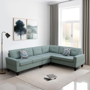 wakefit 95.5” reversible sectional sofa couch, l shaped upholstered couch sofa with chaise lounge for living room, breathable fabric corner couch with 6 seats & 2 pillows, pale green