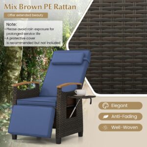 RELAX4LIFE Rattan Outdoor Recliner Chair - Wicker Chaise Lounge Chair w/Adjustable Back & Footrest, Acacia Wood Armrests, Flip Side Table, Cushion, Reclining Patio Chair for Pool Yard (1, Navy)