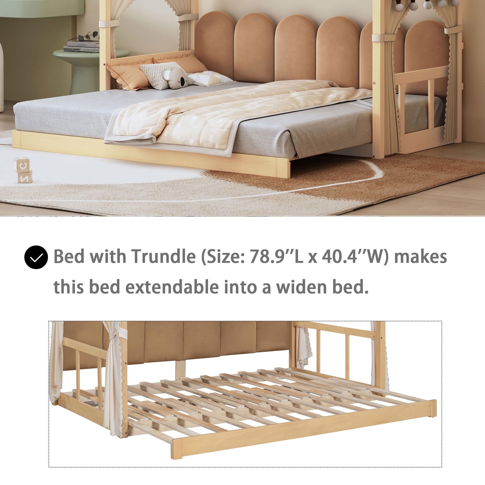 Polibi Twin Size Extended Bed with Arched Canopy, Trundle and Light Strip, Wooden Canopy Bed with Whiteboard (Natural)