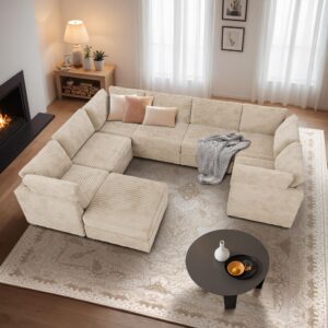 caodoc modular sectional sofa with chaise u shaped sectional couch for living room, 8-seater comfy cloud couches with one movable ottoman, plush corduroy, beige