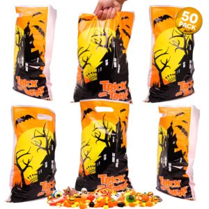 srenta halloween bags for trick or treat bulk, 50 pieces halloween bags bulk, 11 x 17 inches trick or treat bags bulk, halloween plastic bags for candy, goody, gift, treat party favor supplies