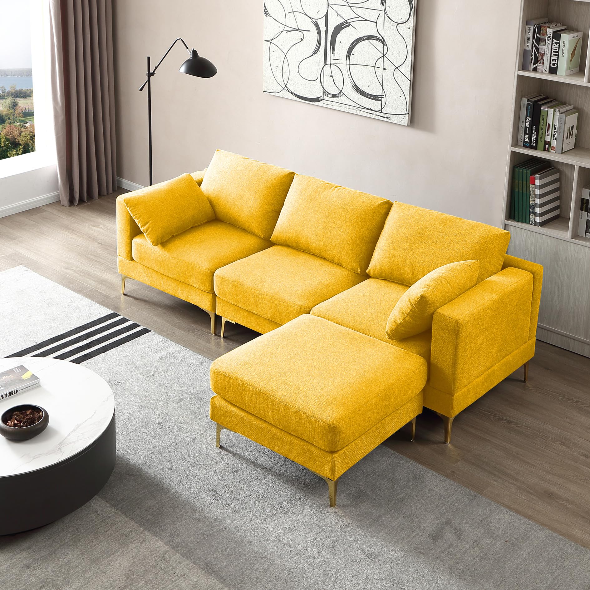 TURRIDU 93" Modular Sectional Sofa Couch with Convertible Ottoman, Modern Sectional Sofa Couch with Golden Metal Legs, 3 Seat L-Shape Sofa Couch for Living Room, Apartment, Bedroom