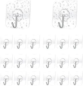 zimokit 20 pack wall hooks, clear sticky wall hooks, seamless hooks, heavy duty adhesive hooks, reusable, hanging adhesive hooks for kitchen, bathroom, shower room