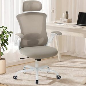 Ergonomic Mesh Office Chair, High Back Executive Desk Chair with Adjustable Headrest and Lumbar Support, Flip-Up Arms, Rocking, Swivel Rolling Computer Mesh Chair for Home Office-Khaki