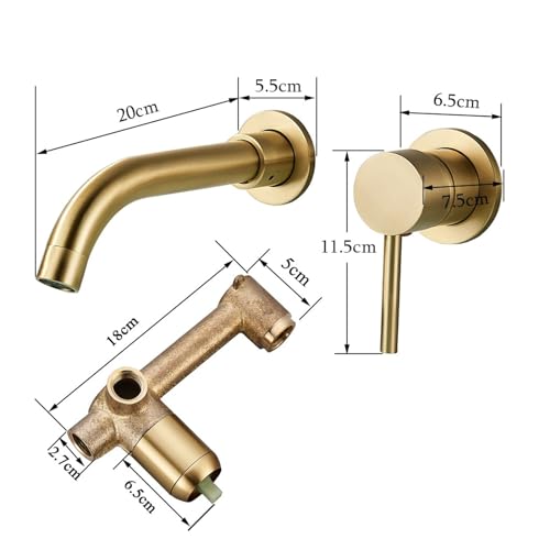 Bathroom Basin Faucet Brushed Concealed Wall-Mounted Faucet 360 Degree Rotating Single Handle hot and Cold Water Bath Mixer Faucet(Golden)