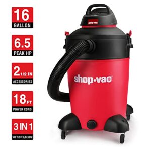 Shop-Vac 5983389 Wet/Dry Vacuum Cleaner, 16 Gallon, 6.5 Peak HP, 2.50 Inch Diameter x 8 Foot Hose, 18 Foot Cord, Ideal for Jobsite, Garage & Workshop