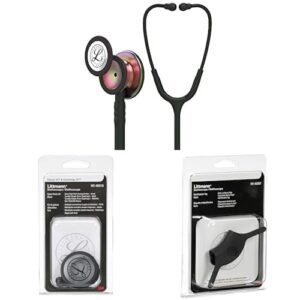 3m littmann classic iii monitoring stethoscope kit with spare parts and id tag. 5870, black tube, stem and headset, stainless steel rainbow-finish chestpiece