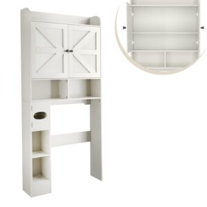 MUUEGM Over The Toilet Storage Cabinet with Barn Doors, 32.3''W Over The Toilet Shelf with Toilet Paper Holder, Bathroom Organizers and Storage Over Toilet with Adjustable Bottom Bar, White