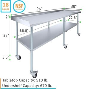 Express KitchQuip Commercial Work Table with Backsplash and Sidesplashes with Casters | NSF (Stainless Steel Table with Sideguards + casters) (96" Long x 30" Deep)