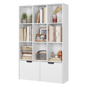 ELETHEBIA Bookcases Storage Organizer, 9 Cube Storage Organizer with 2 Drawers and 9 Open Freestanding Shelf, White Wood Bookshelf for Kids Room, Living Room, Office, Bedroom