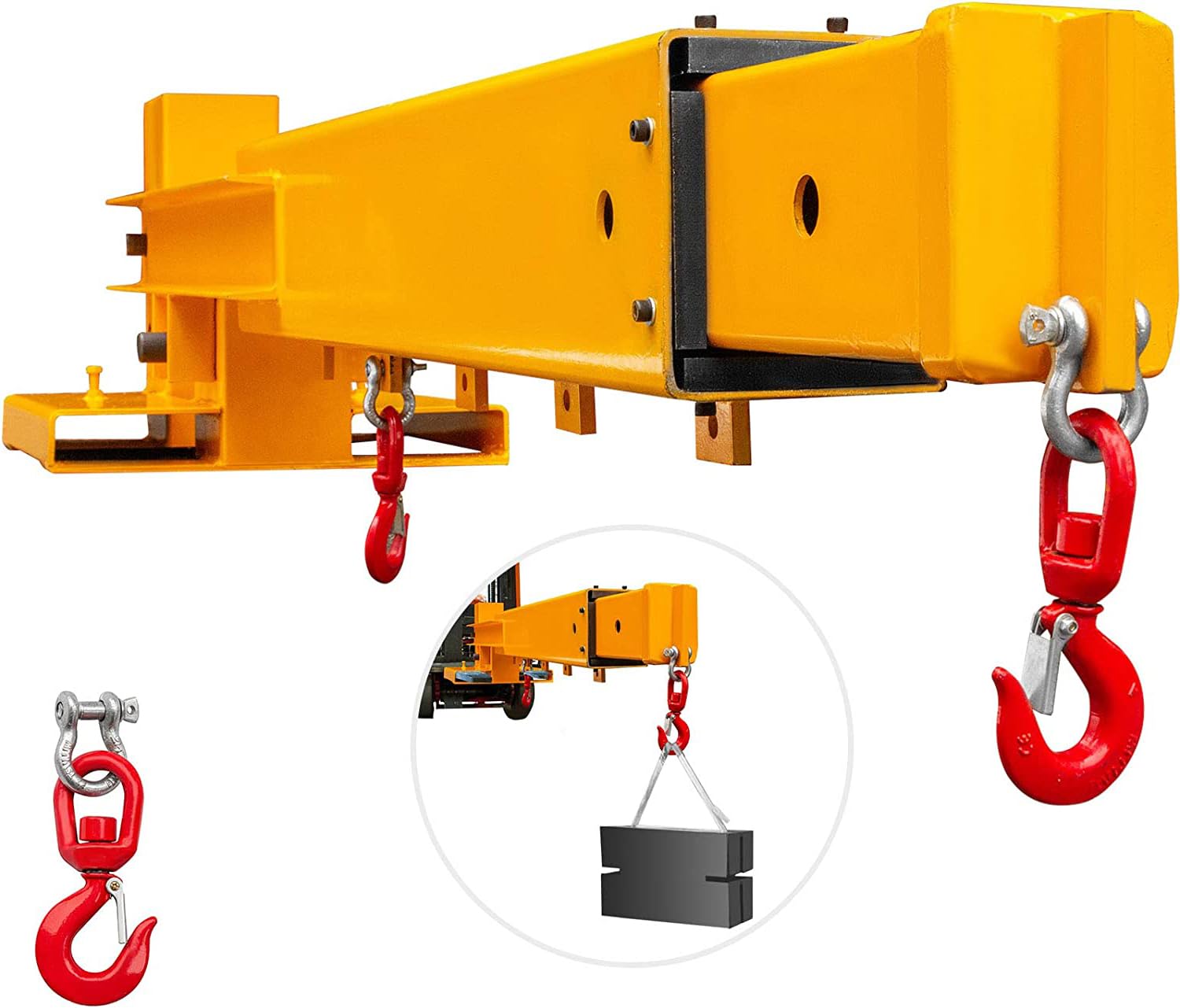 BestEquip Forklift Jib Boom Crane, Heavy Duty Fork Mounted Telescoping Crane Jib Boom 6000lbs/3T Capacity, Forklift Mobile Crane with 2 Hooks for Warehouse or Factories