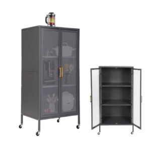 4-tier kitchen storage cabinet, freestanding metal microwave stand on wheels, mobile kitchen shelves with transparent door & 4 rolling wheels for dining room, living room (grey, 23.6 inches wide)