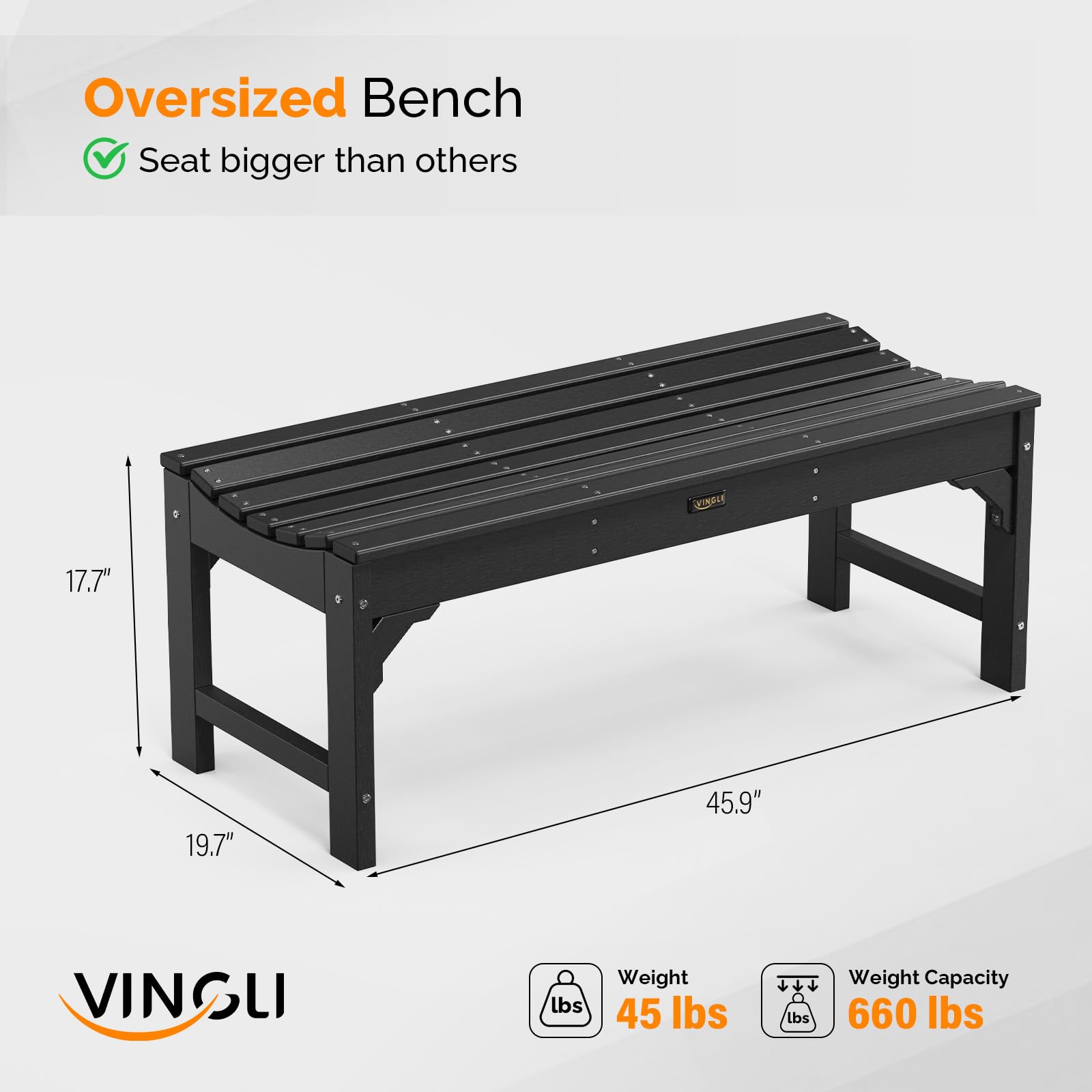 VINGLI Outdoor Bench Garden Bench HDPE Porch Bench, Poly Lumber Patio Bench, Oversized Park Bench All-Weather 800 lbs Weight Capacity (Black)