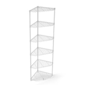 pentagonal corner storage rack, 6 tier metal corner shelf wire shelving unit, 600lbs capacity, nsf, adjustable height, leveling feet and liners, ideal for bathroom, kitchen, 72"h x 20"l x 20"w white