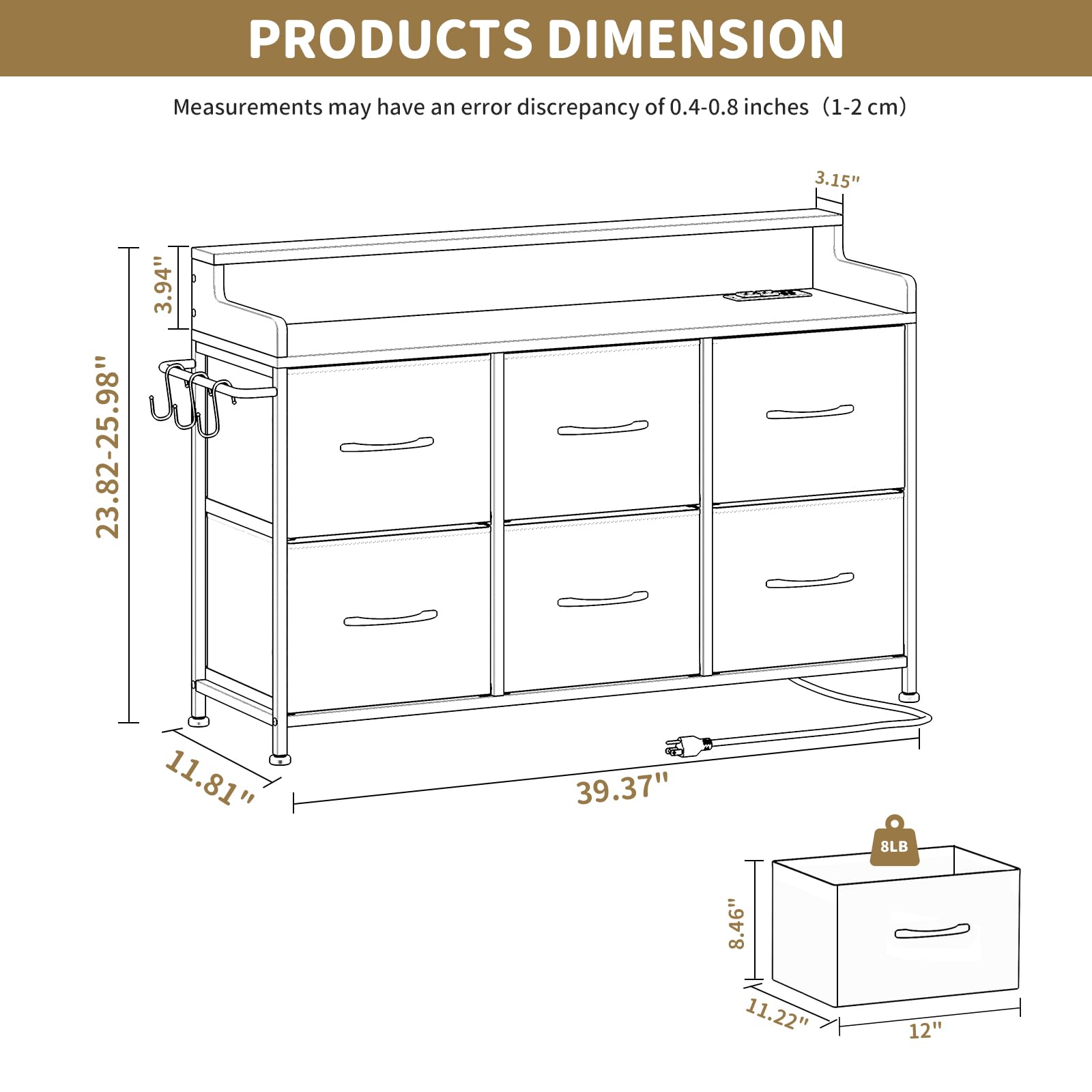 Leadpro Dresser for Bedroom with 6 Drawers, LED TV Stand Dresser with Charging Station, Chest of Fabric Drawers with Side Hooks, Dresser Storage Organizer for Closet Living Room Hallway (Rustic Brown)