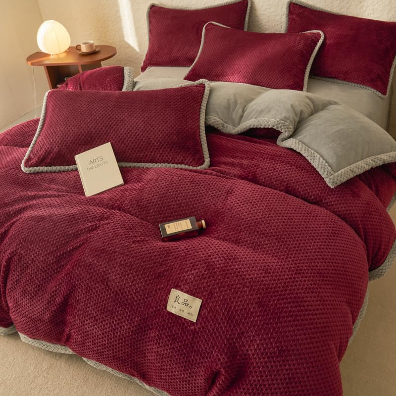 Fluffy Comforter Cover Set - Winter Duvet Cover Full Size, Red Plush Quilt Cover, 3 Pieces,1 Duvet Cover (80"x90") with Zipper Closure & 2 Pillow Shams, Comforter Not Include (Full (80"x90"), 03)