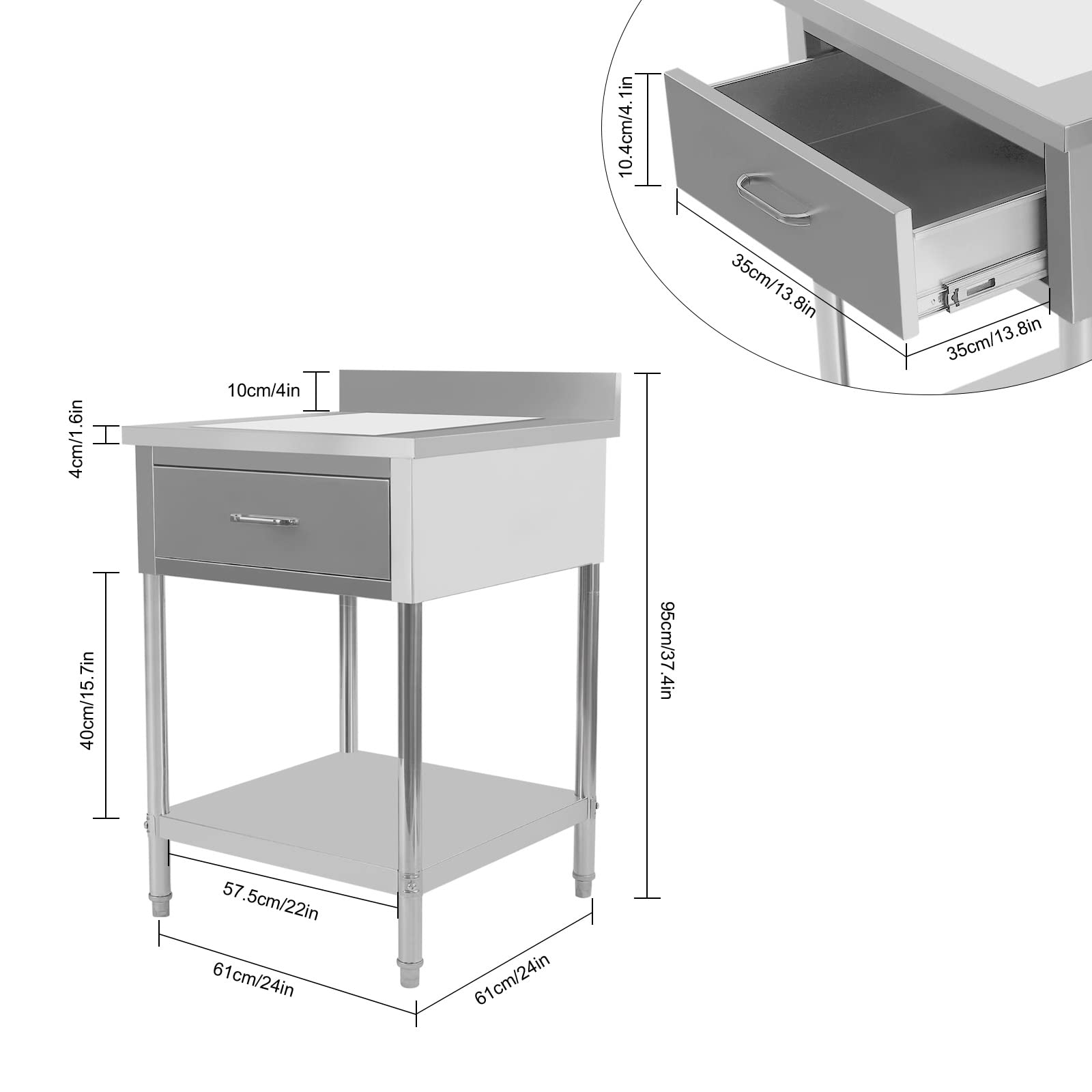 CUBELLIN Commercial Food Prep Workstation 24" X 24" Stainless Steel Kitchen Work Table with Drawer & Backsplash Heavy Duty Worktable Workstation Adjustable Feet Height Workstation