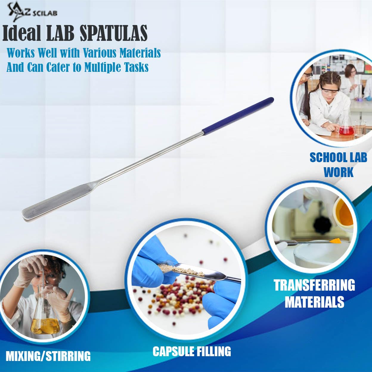 A2Z Multipurpose Lab Spatula Stainless Steel Sampler Spatula Long with Flat End for Mixing Transfering Cream, Gel, Powder, Medicine, Cap Filler- Comfort Grip Handle - Laboratory Supplies - 9"