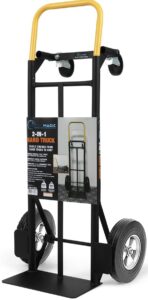 simpli-magic 800 lb capacity 2 in 1 convertible hand truck and dolly with 10" flat free rubber wheels,black with yellow handle.