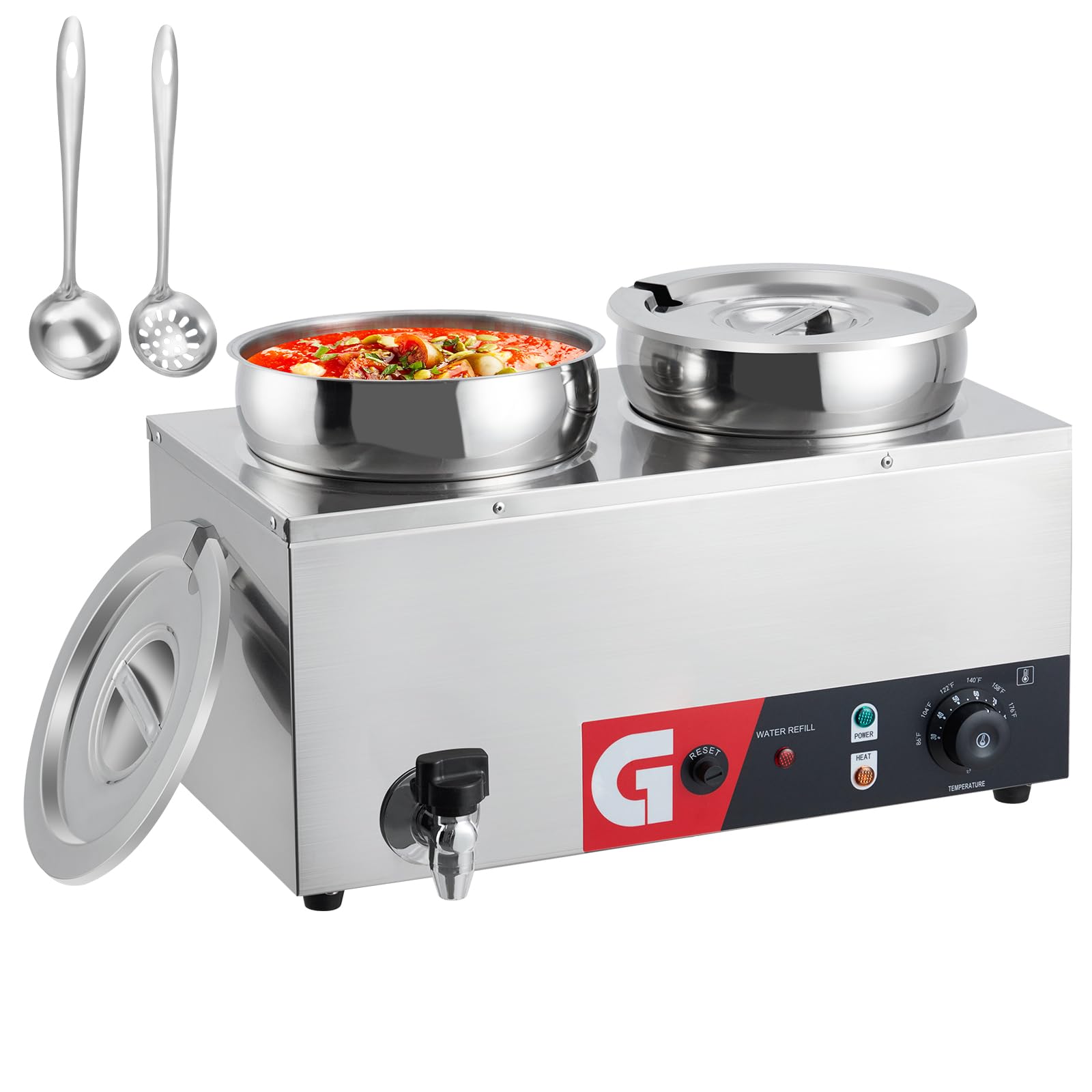 Takywep Commercial Soup Warmer 2 X 7.4QT - Stainless Steel Buffet Bain Marie, 86-185℉ Adjustable Temp, Anti-Dry Burn, Reset Button, 1200W Electric Food Warmer for Restaurant