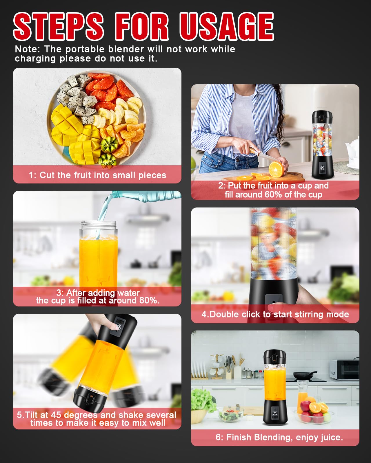 Portable Blender, Personal Blender USB Rechargeable, Mini Blender for Shakes and Smoothies, Strong Cutting Power with 6 Blades, 380Ml Traveling Fruit Veggie Juicer Cup for Home, Sport, Office, Camping