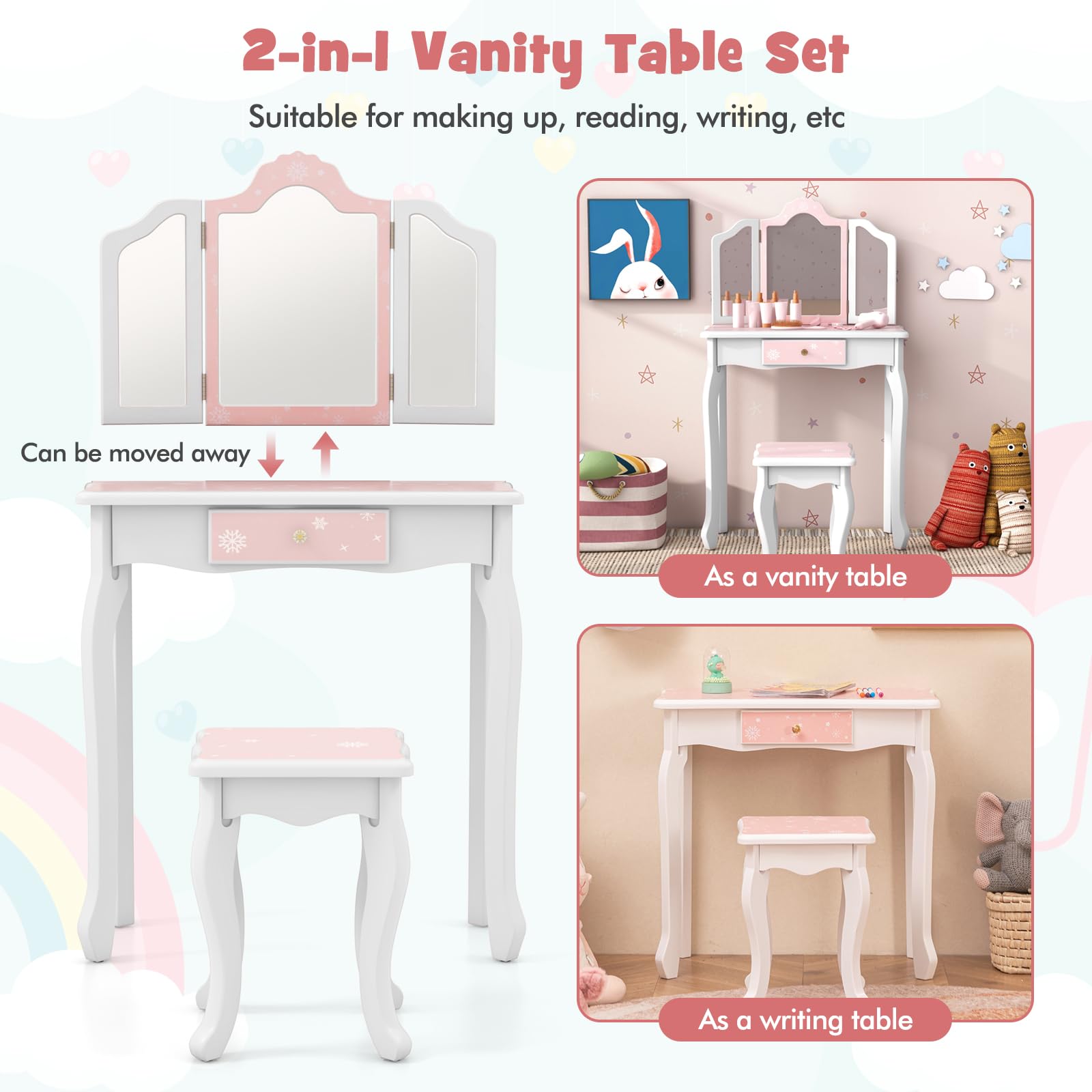 GLACER Kids Vanity Set, 2-in-1 Princess Makeup Table with Stool, Detachable Tri-fold Mirror and Large Drawer, Wooden Pretend Play Kids Vanity Table and Chair Set for Girls (Pink Snowflake Print)