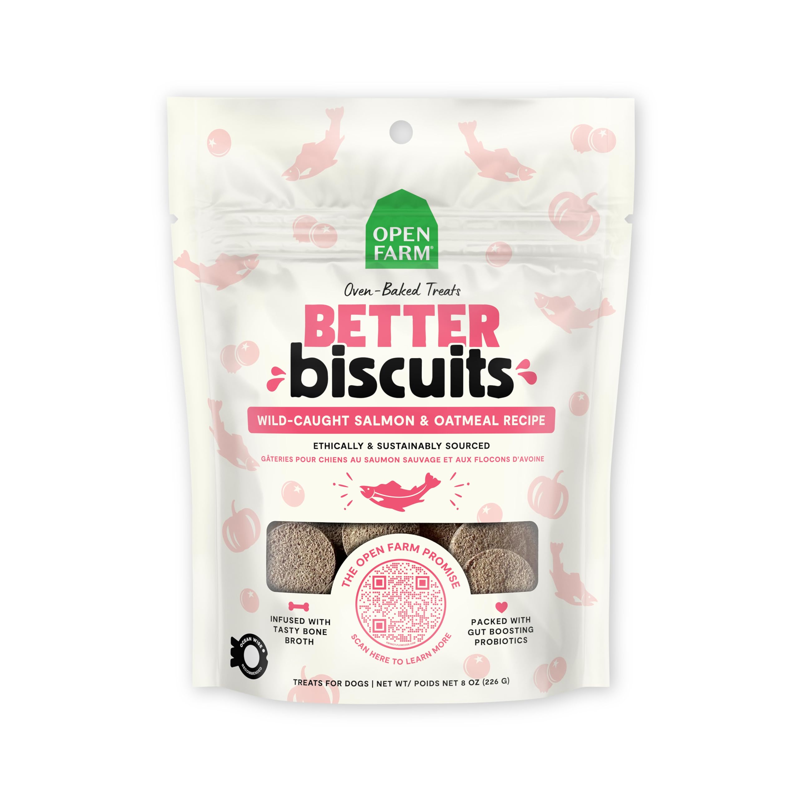 Open Farm Better Biscuits, Oven Baked Dog Treats with Probiotics, Wild-Caught Salmon & Oatmeal Recipe, 8oz Pouch