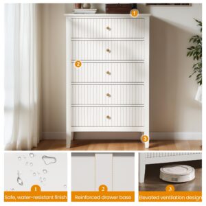 May in Color White Fluted 5 Drawer Dresser for Bedroom, Tall Chest of Drawers with Ball Bearing Slide, Waterproof Lacquered Desktop,Modern Wood Storage Cabinet for Living Room