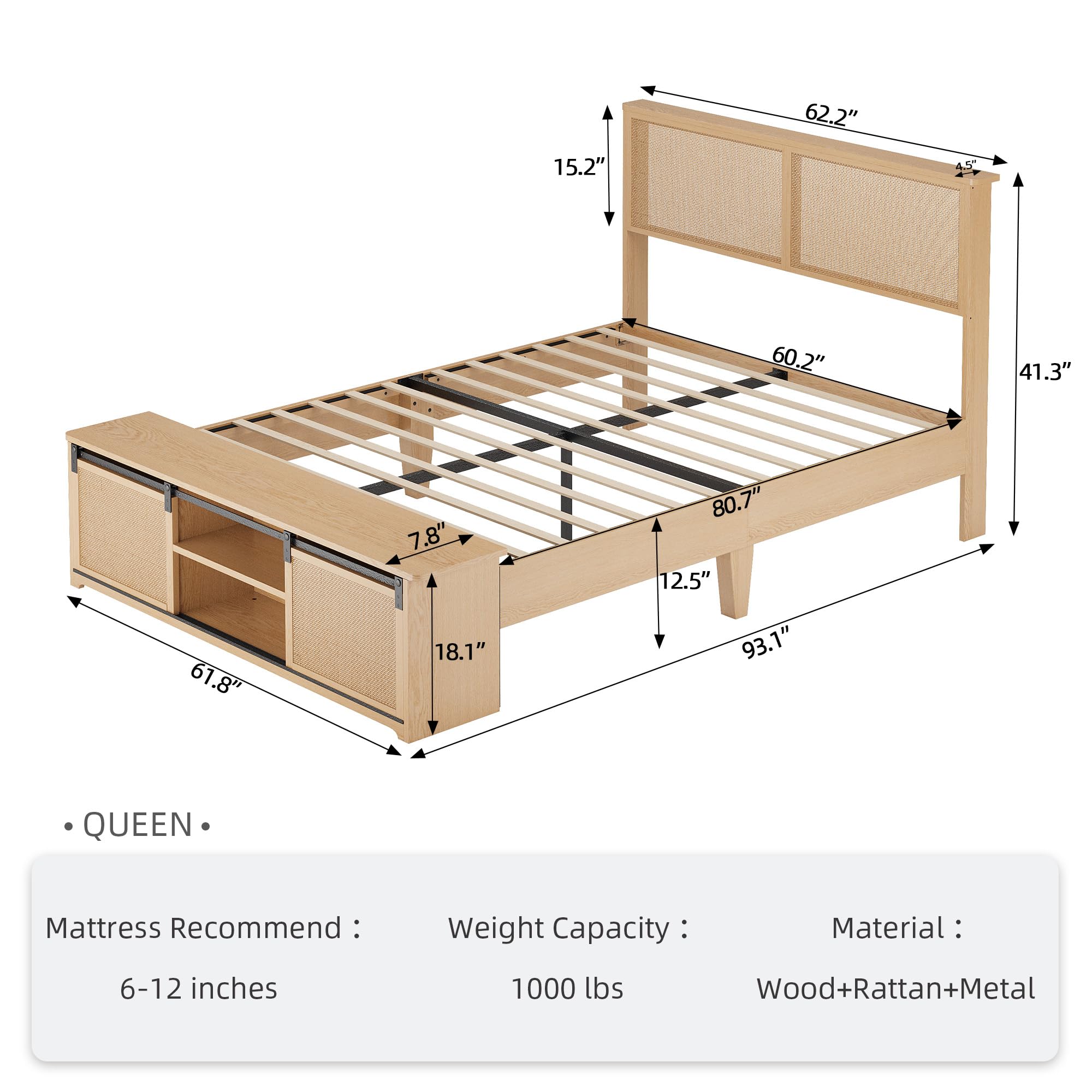 GarveeHome Natural Rattan Queen Size Bed Frame with Sliding Barn Door Storage Cabinets and LED Light Headboard, Boho Farmhouse Wood Platform Bed with Solid Wood Legs Support, No Box Spring Needed