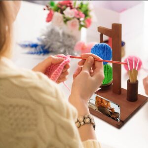 Yarn Holder for Crocheting Knitting with Phone Stand, Wooden Crochet Yarn Holder with Spindles Yarn Ball Holder Spinner Accessories, Yarn Spinner Gifts for Crocheting Knitting Lovers Beginners