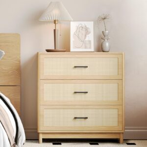 vrullu 3 drawer dresser for bedroom, natural rattan modern chest of drawers, wood 3 drawer nightstand with upgrade rails, boho dresser for bedroom, hallway, living room (1, natural color)