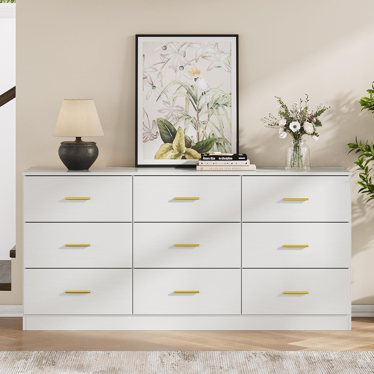 Angel Sar 9 Drawer Dresser for Bedroom, Modern White Dresser, Long Chest of Drawers with Golden Handles, Leg Free Design & Smooth Slides, Double Drawer Dresser for Closet, Sturdy Wooden Dresser