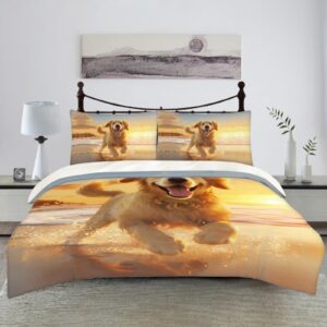 AQYAPTOIY Golden Retriever Duvet Cover for Bedroom Beach Comforter Cover King Size,Bed Covers for Living Room Aesthetic Bedding 3 Pcs Set for Dorm Quilt Cover Blanket Cover for Home