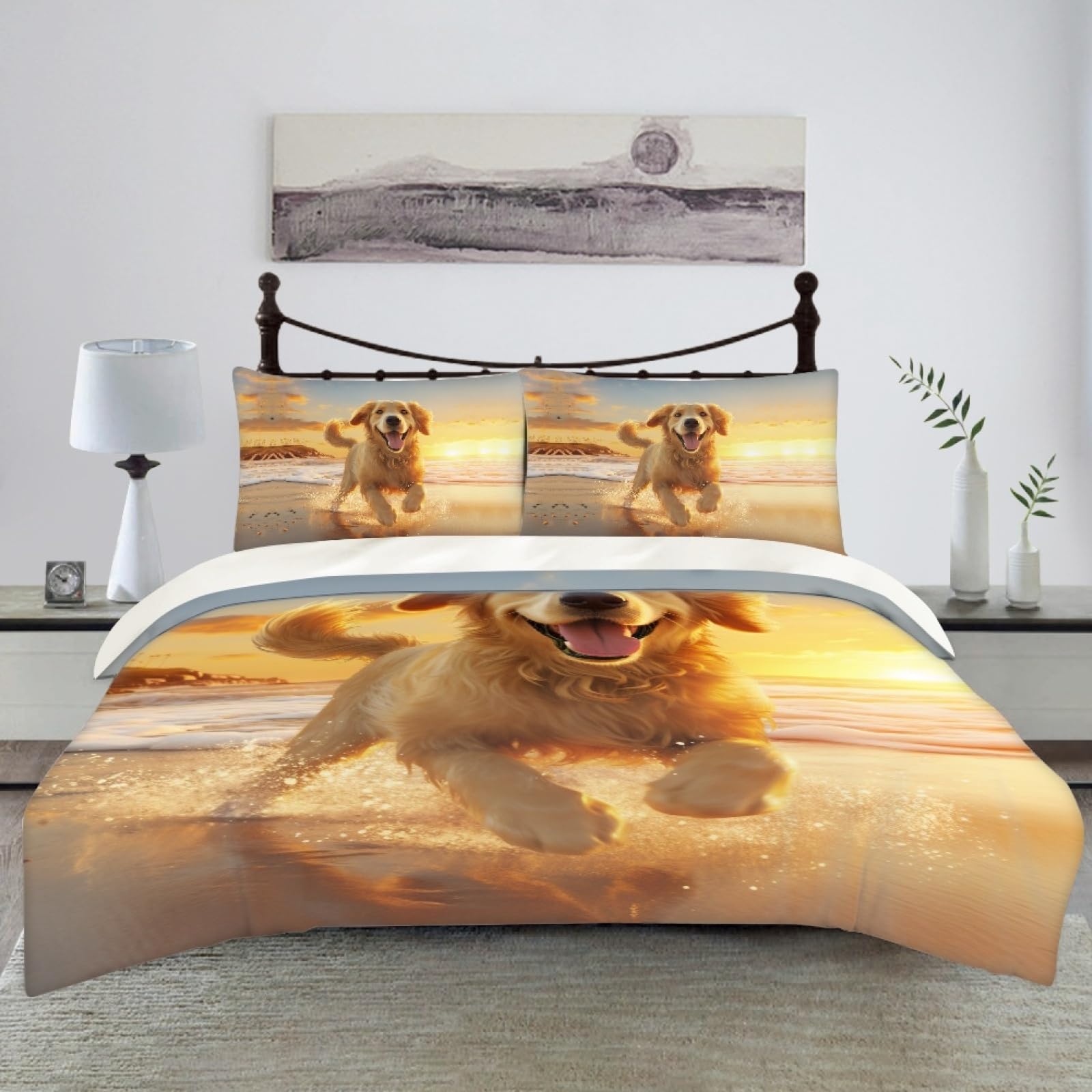 AQYAPTOIY Golden Retriever Duvet Cover for Bedroom Beach Comforter Cover King Size,Bed Covers for Living Room Aesthetic Bedding 3 Pcs Set for Dorm Quilt Cover Blanket Cover for Home