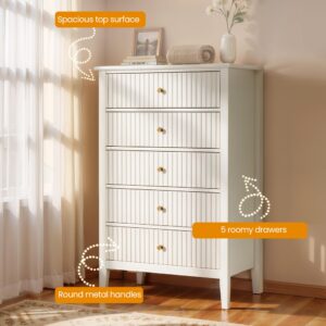 May in Color White Fluted 5 Drawer Dresser for Bedroom, Tall Chest of Drawers with Ball Bearing Slide, Waterproof Lacquered Desktop,Modern Wood Storage Cabinet for Living Room