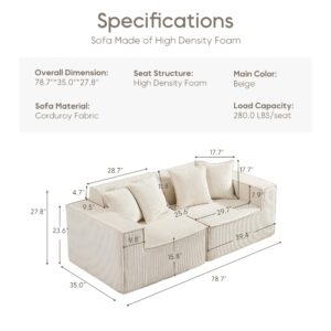 Yogald 78.74" Modern Minimalist Floor Loveseat Sofa, No Assembly Needed, Comfy Upholstered Small Couch, Compression Sofa for Living Room, Apartment, Studio, or Office (Corduroy Beige)