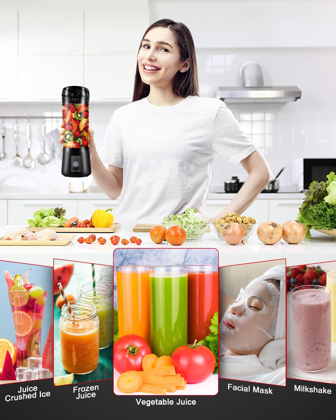 Portable Blender, Personal Blender USB Rechargeable, Mini Blender for Shakes and Smoothies, Strong Cutting Power with 6 Blades, 380Ml Traveling Fruit Veggie Juicer Cup for Home, Sport, Office, Camping